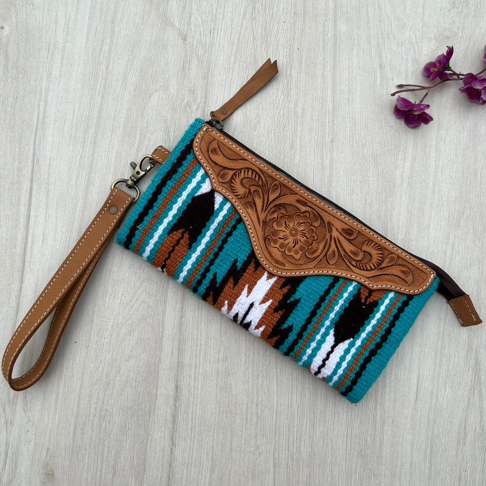 Tooled Leather Turquoise Saddle Blanket Clutch Wallet – Dusty Diamonds ...